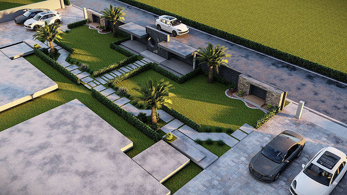 Rendered 3d model of a landscape design residential front yard 3D model ...