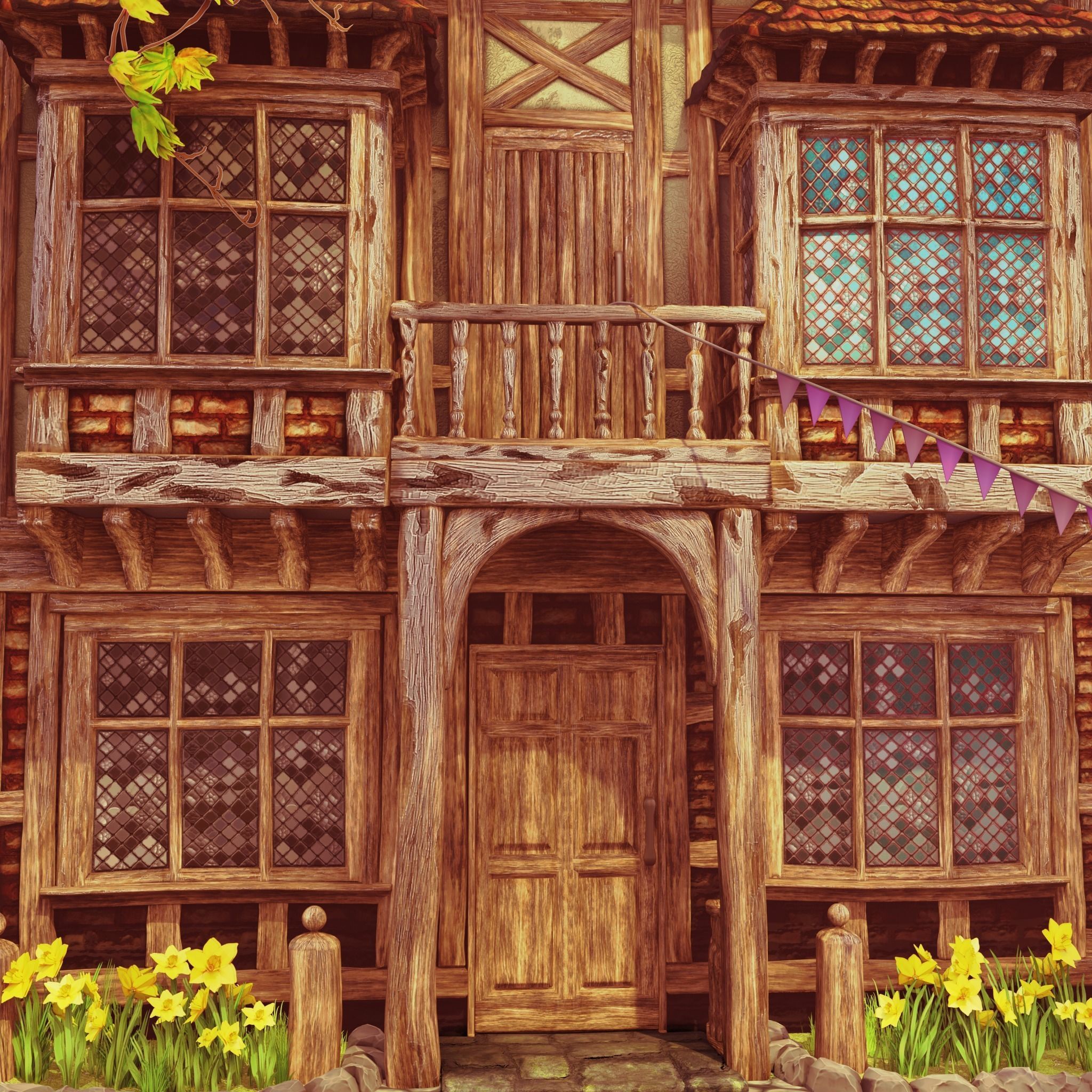 3D model Stylized Medieval Town low-poly 3D scene VR / AR / low-poly ...