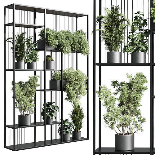 3D model Standing metal shelf with a set of plants metal boxes 325 VR ...