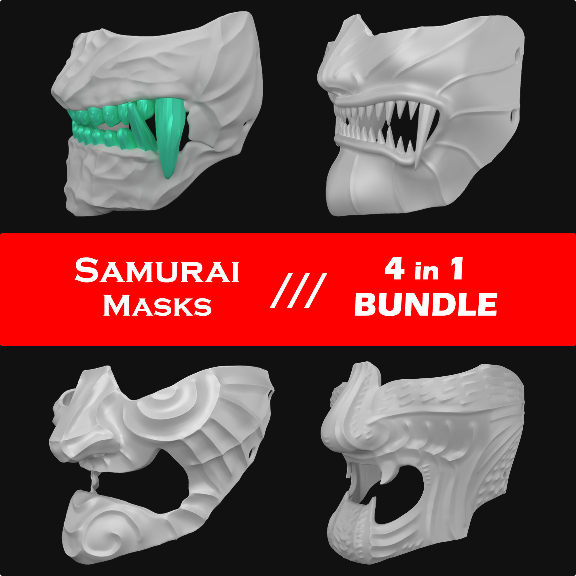 Samurai Masks STLs 4 in 1 Bundle 3D model 3D printable | CGTrader
