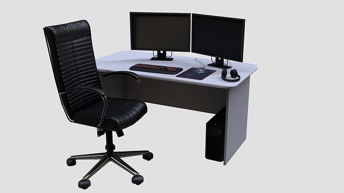 3D model Low poly Asset computer desk with two monitors and office ...