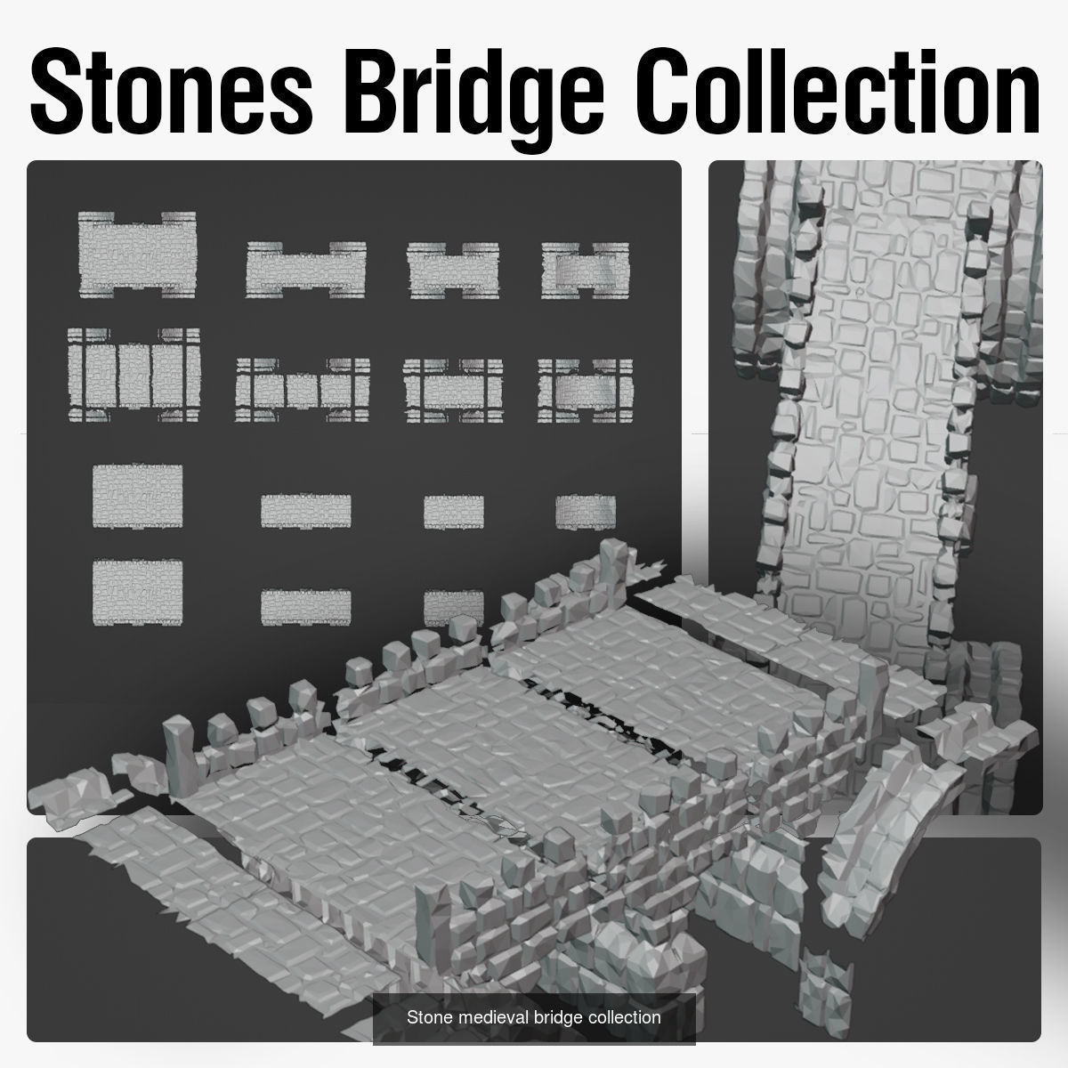 Stone bridge and paving stone road or square medieval collection | CGTrader