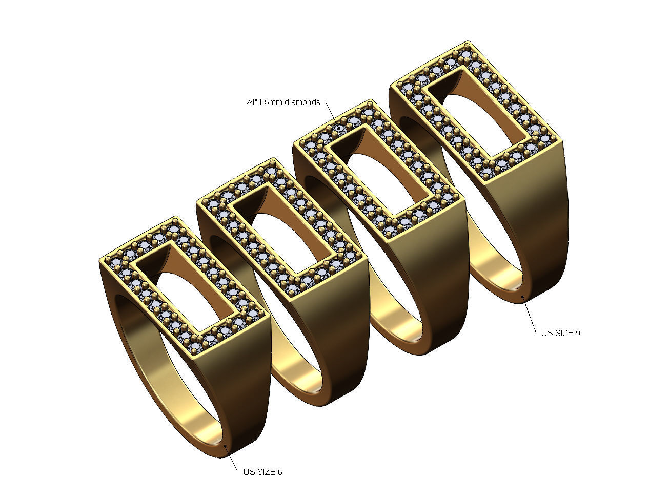 Diamond open rectangular top ring US sizes 6to9 3D model 3D printable ...