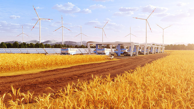 Futuristic harvesters with solar panels and windmills 3D model animated ...