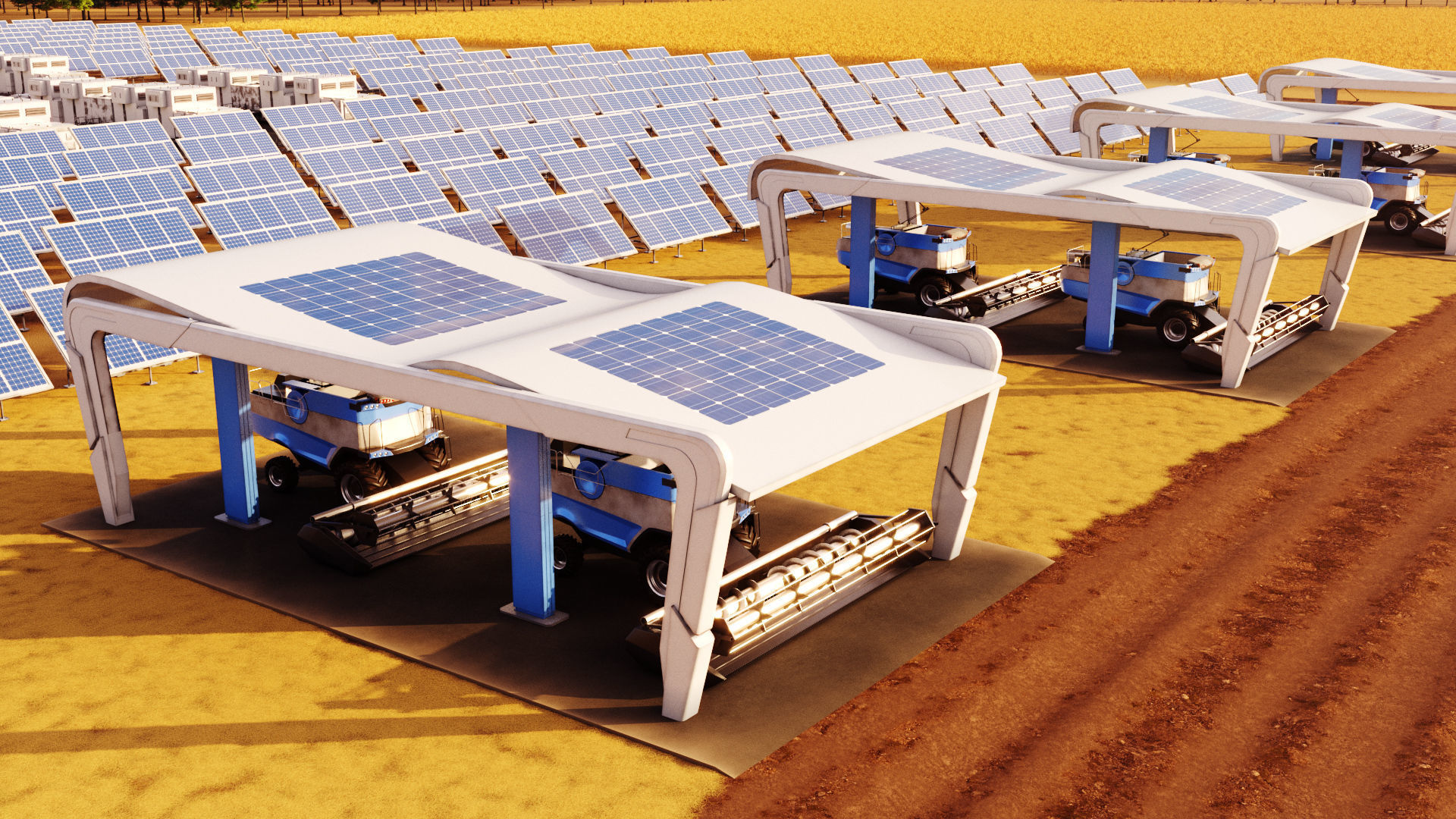 Futuristic harvesters with solar panels and windmills 3D model animated ...