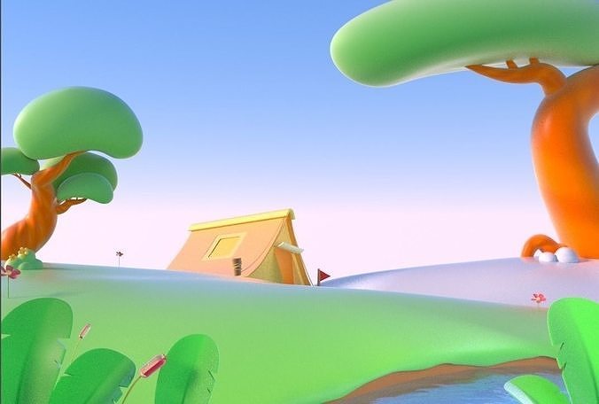 cartoon lake cabin scene 3D model | CGTrader