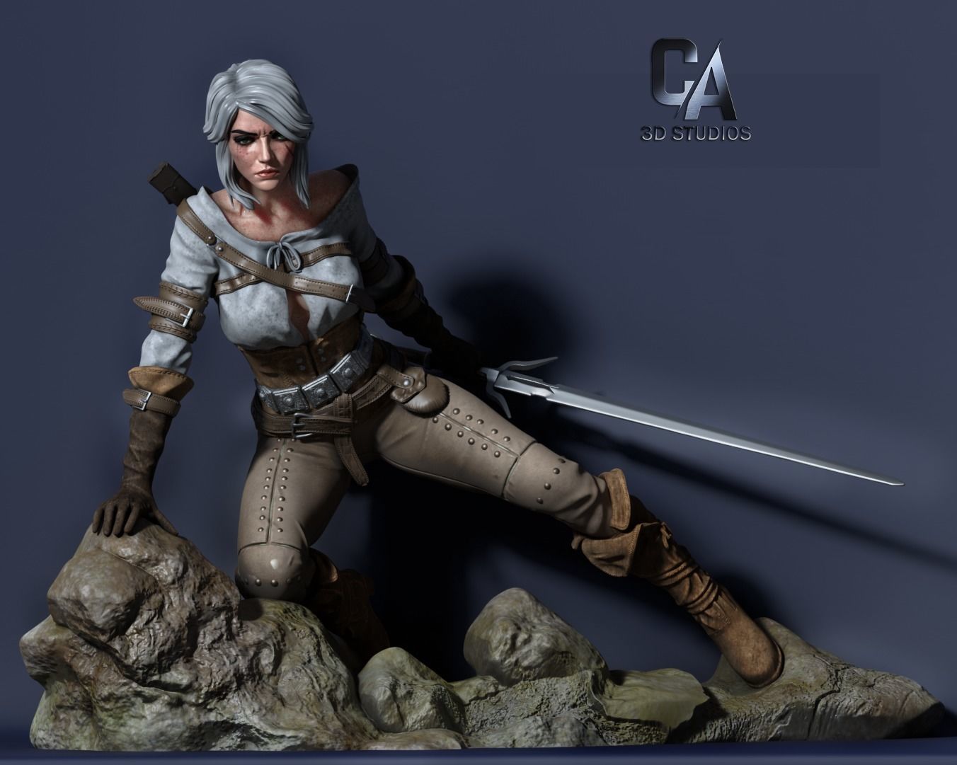 Ciri 3D Print woman holding sword on rock 3D model 3D printable | CGTrader