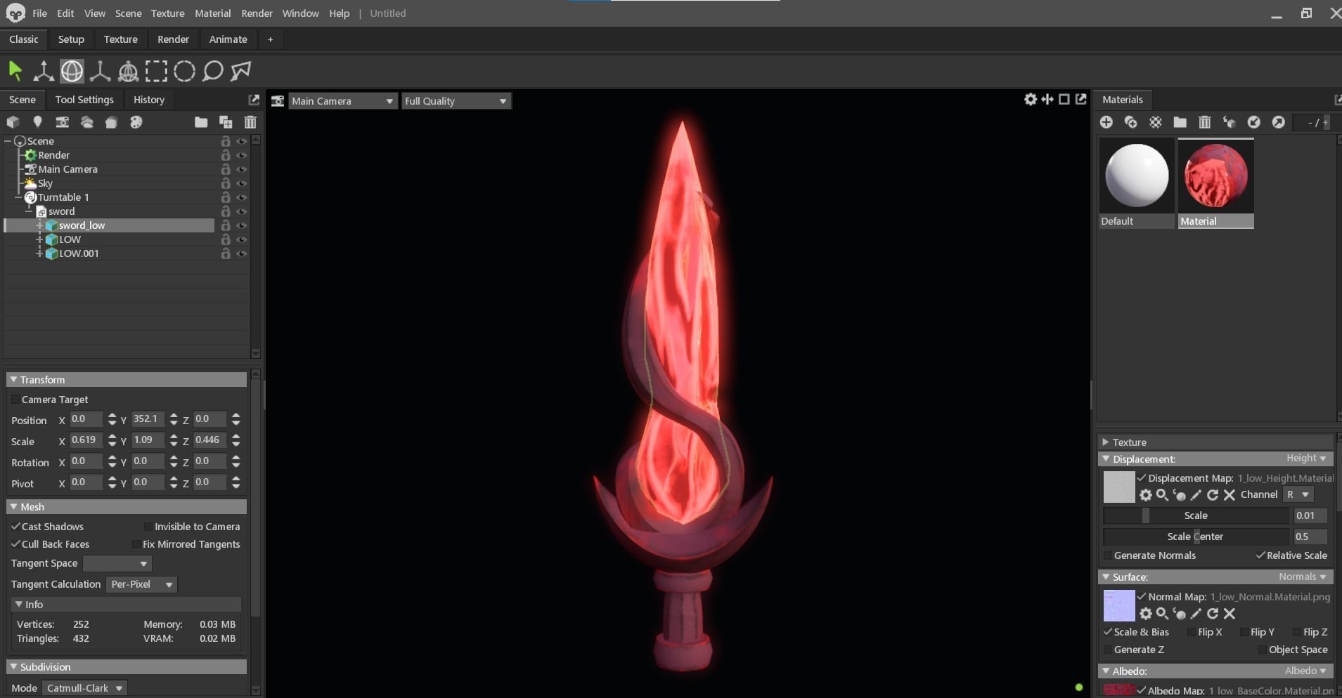 3D model Stylized Curved Sword Red Lava Wood Low-poly VR / AR / low ...