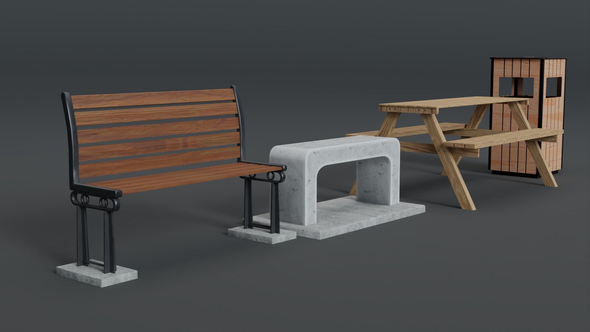 3D model Outdoor Park Bench and Dustbin VR / AR / low-poly | CGTrader