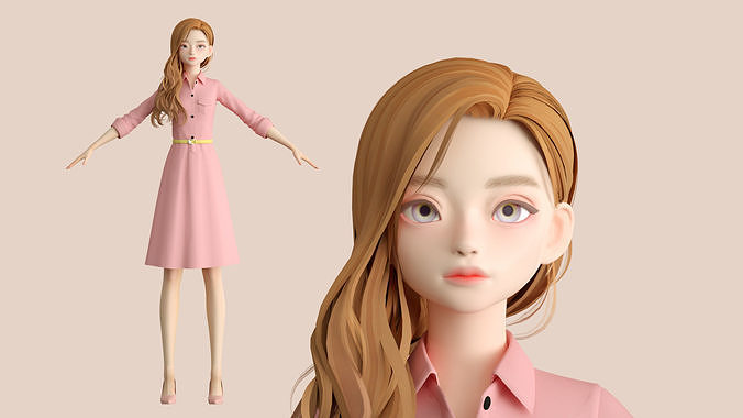 Cartoon female office worker with long wavy hair 3D model | CGTrader
