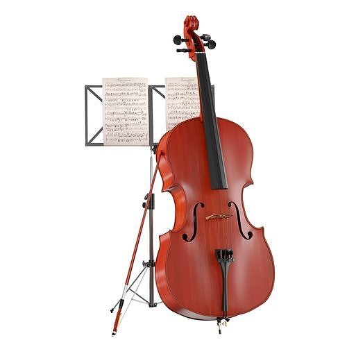 Wooden Cello made of wood with stand and music 3D model | CGTrader
