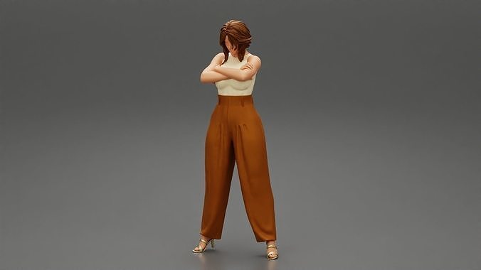 Beauty Business Woman Standing With Arms Folded in large pants 3D model ...