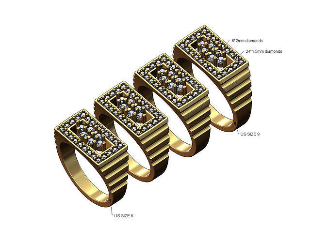 Undulated diamond cluster rectangular top ring US sizes 6to9 3D model ...
