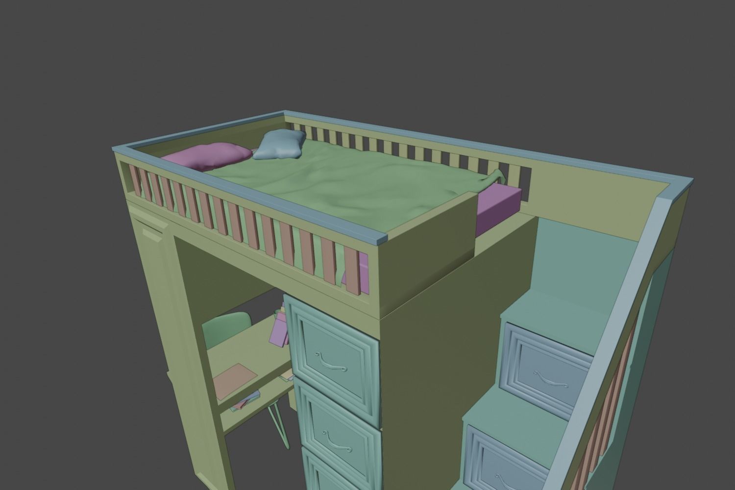 Production Ready Two Story Bed With Desk 3D model animated rigged | CGTrader