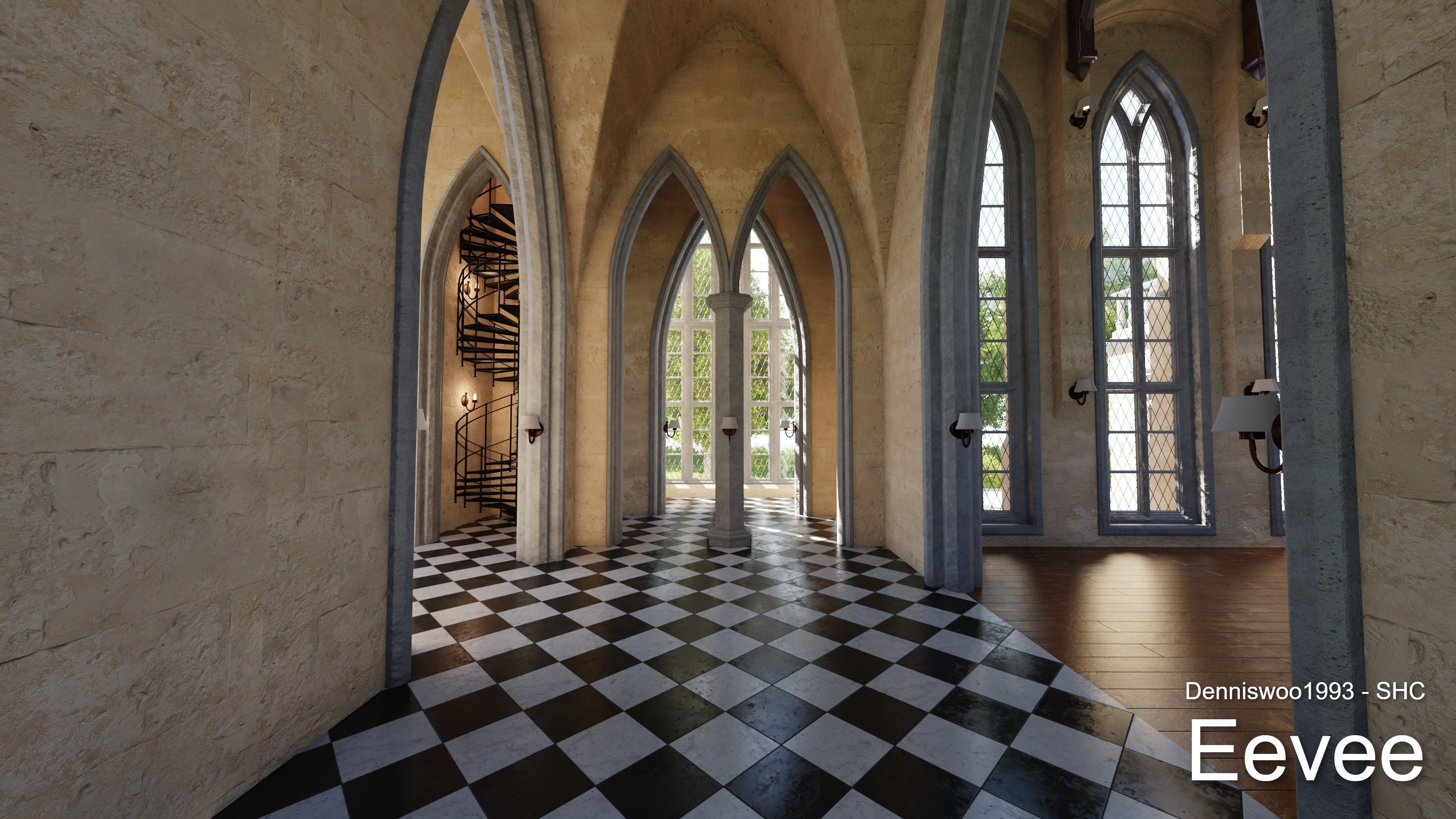 3D model Classic great hall with tower - Church with interior VR / AR ...