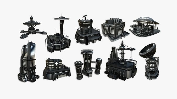 10 Sci Fi Buildings Collection G - Full Black - Exterior Design VR / AR ...