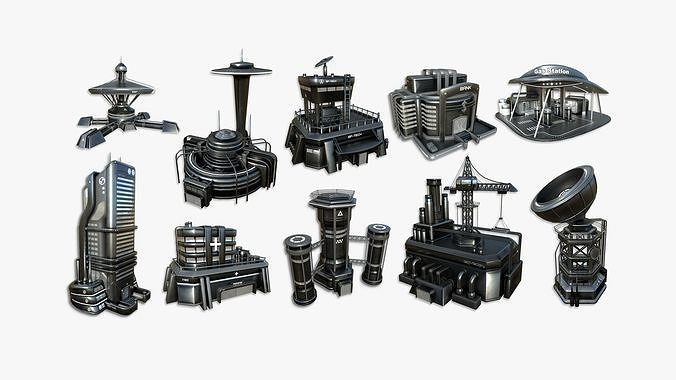 10 Sci Fi Buildings Collection I - Dark Metal - Exterior Design VR / AR ...