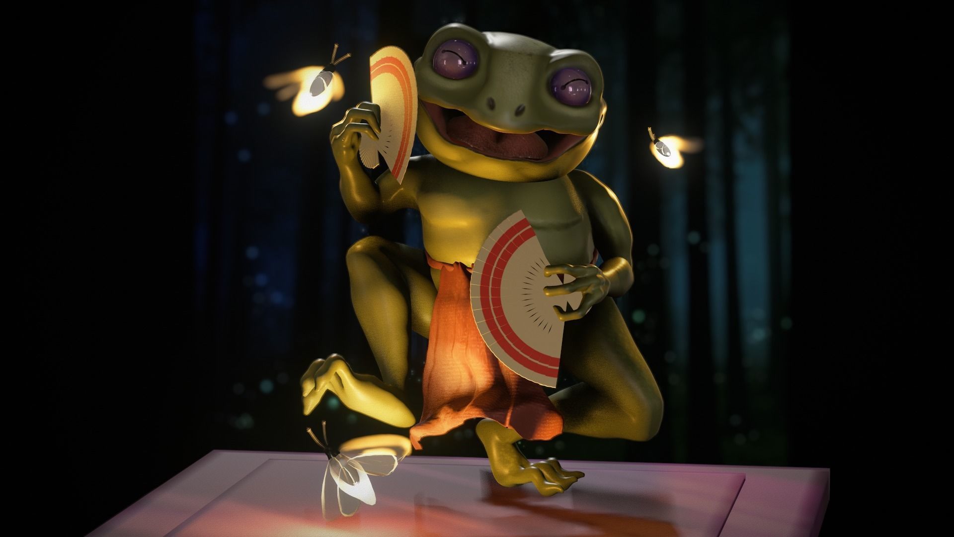 Dancing frog with fireflies and hand fan 3D model | CGTrader