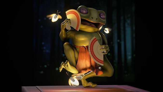 Dancing frog with fireflies and hand fan 3D model | CGTrader