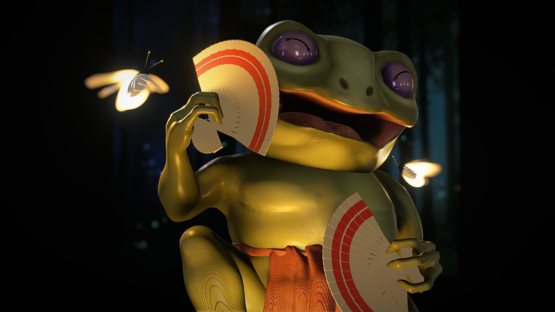 Dancing frog with fireflies and hand fan 3D model | CGTrader