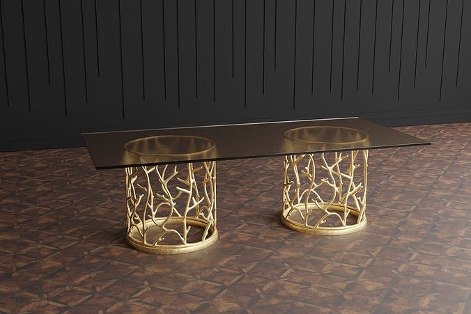Glass Top Dining Table with Two Golden Cylinder Supports free 3D model ...