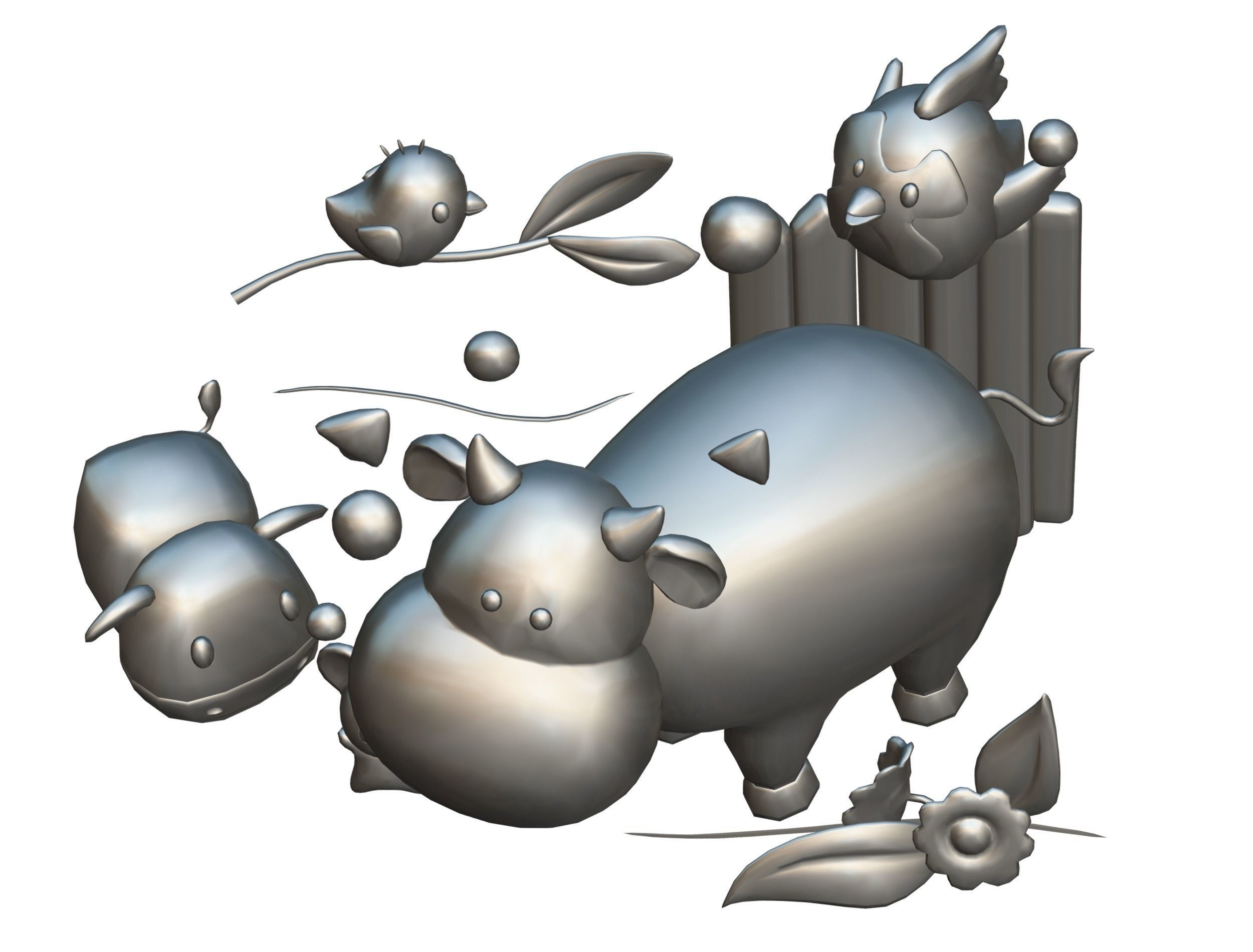 3D model Cartoon 3D illustration Cow Mouse Rooster Chick VR / AR / low ...