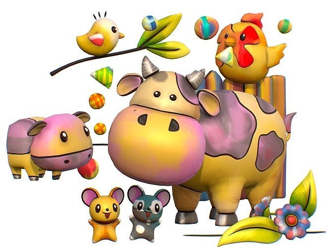 3D model Cartoon 3D illustration Cow Mouse Rooster Chick VR / AR / low ...