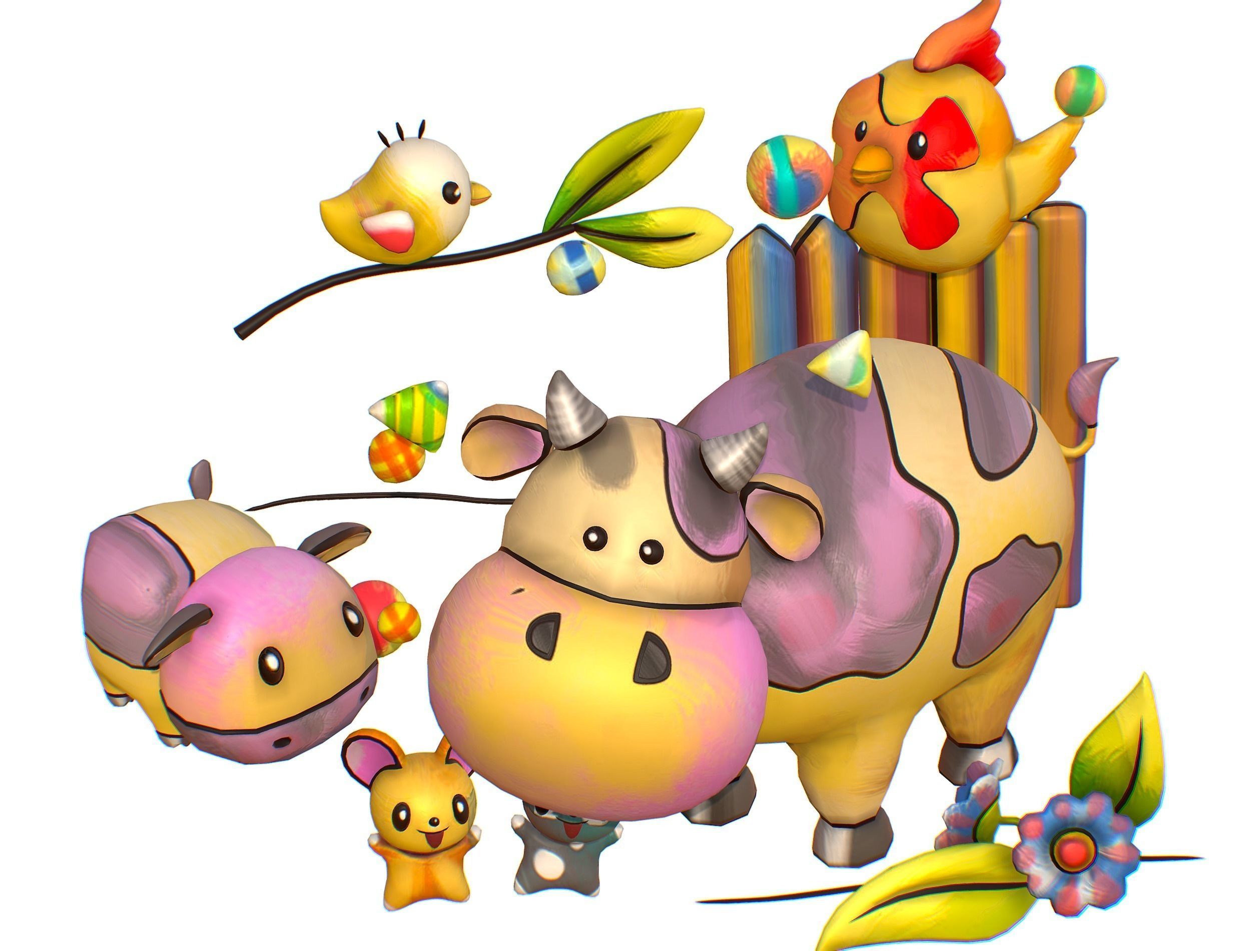 3D model Cartoon 3D illustration Cow Mouse Rooster Chick VR / AR / low ...