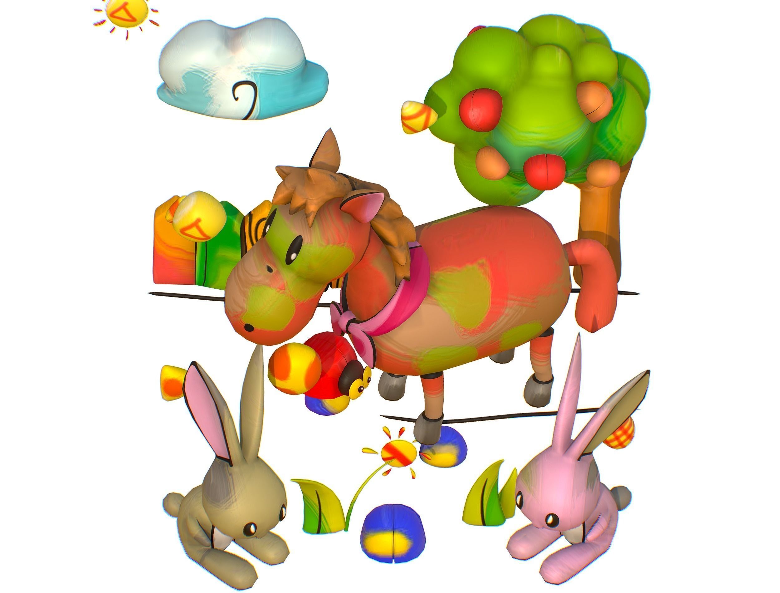 3D model 3D illustration Horse Hare Rabbit Ladybird Wood VR / AR / low ...