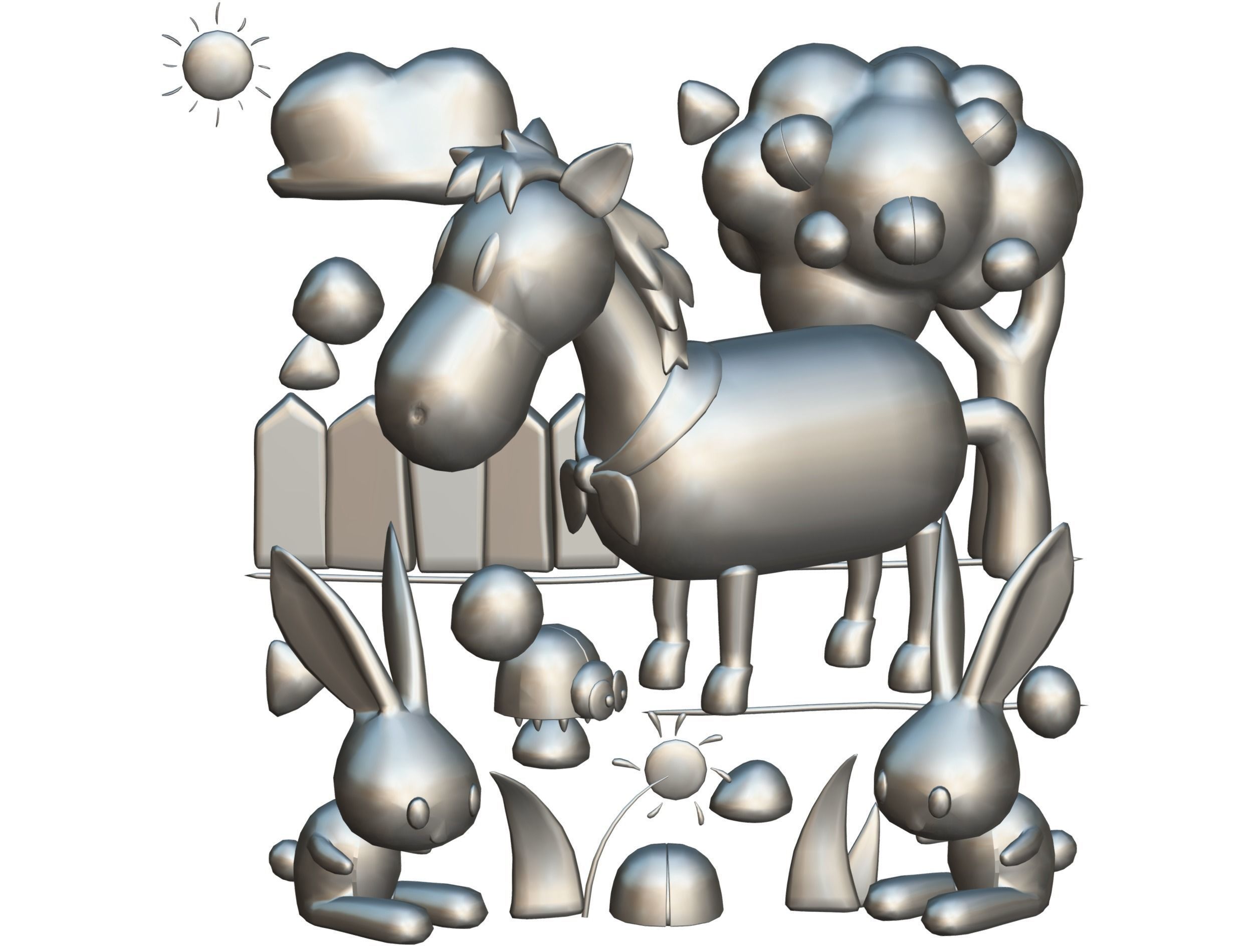 3D model 3D illustration Horse Hare Rabbit Ladybird Wood VR / AR / low ...