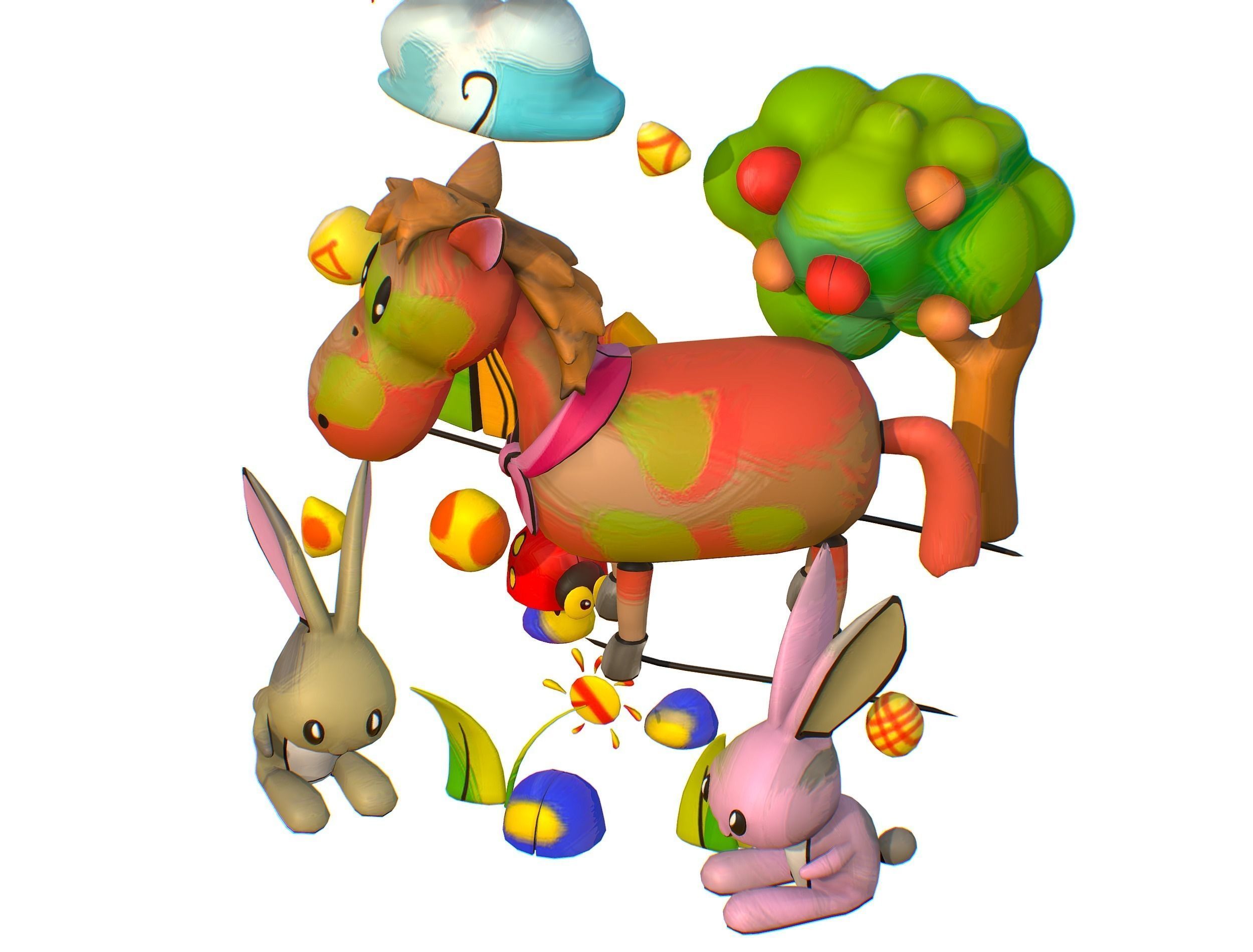 3D model 3D illustration Horse Hare Rabbit Ladybird Wood VR / AR / low ...