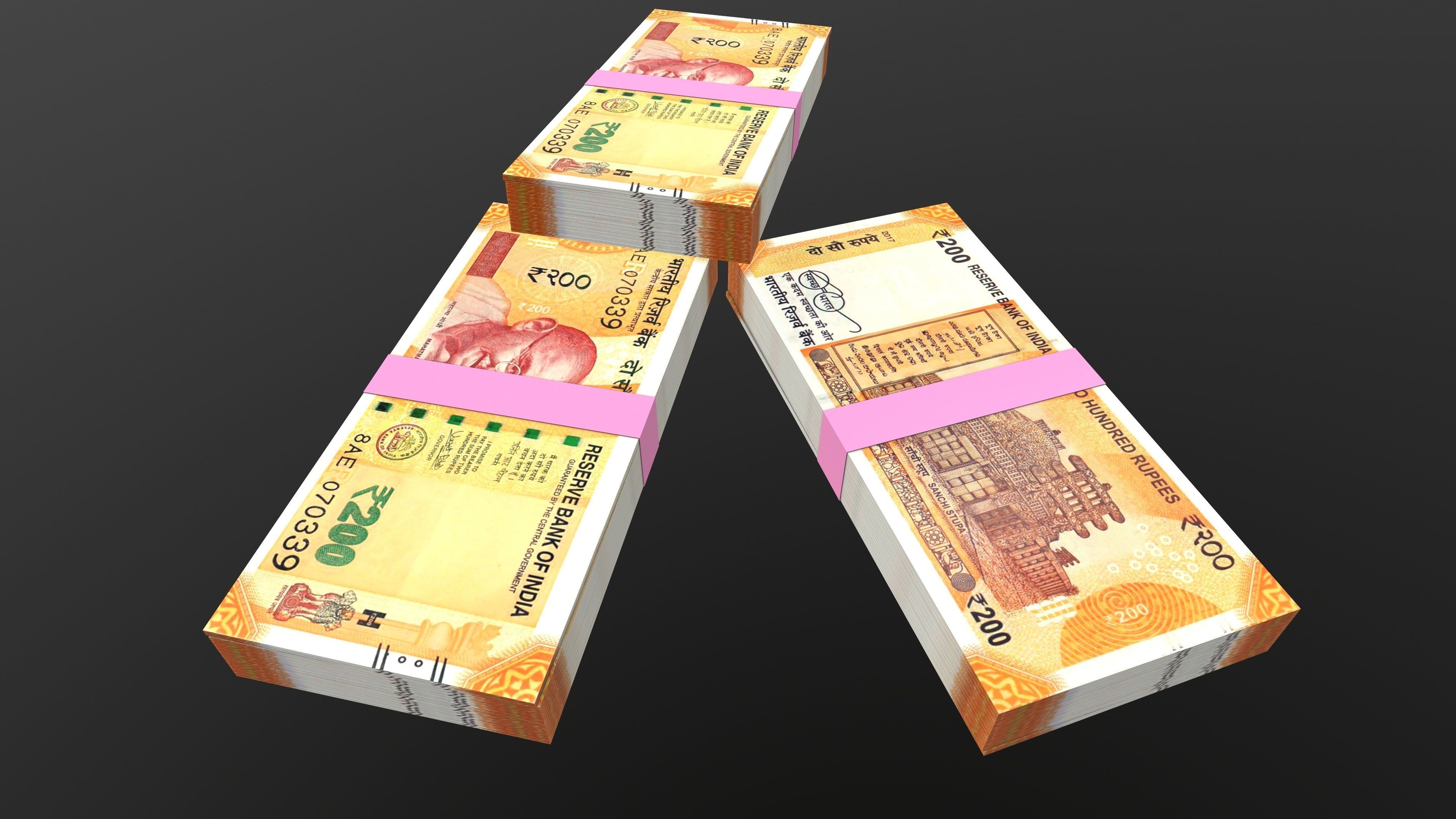3D model Indian 200 Note Currency Bundle AR VR PBR VR / AR / low-poly ...