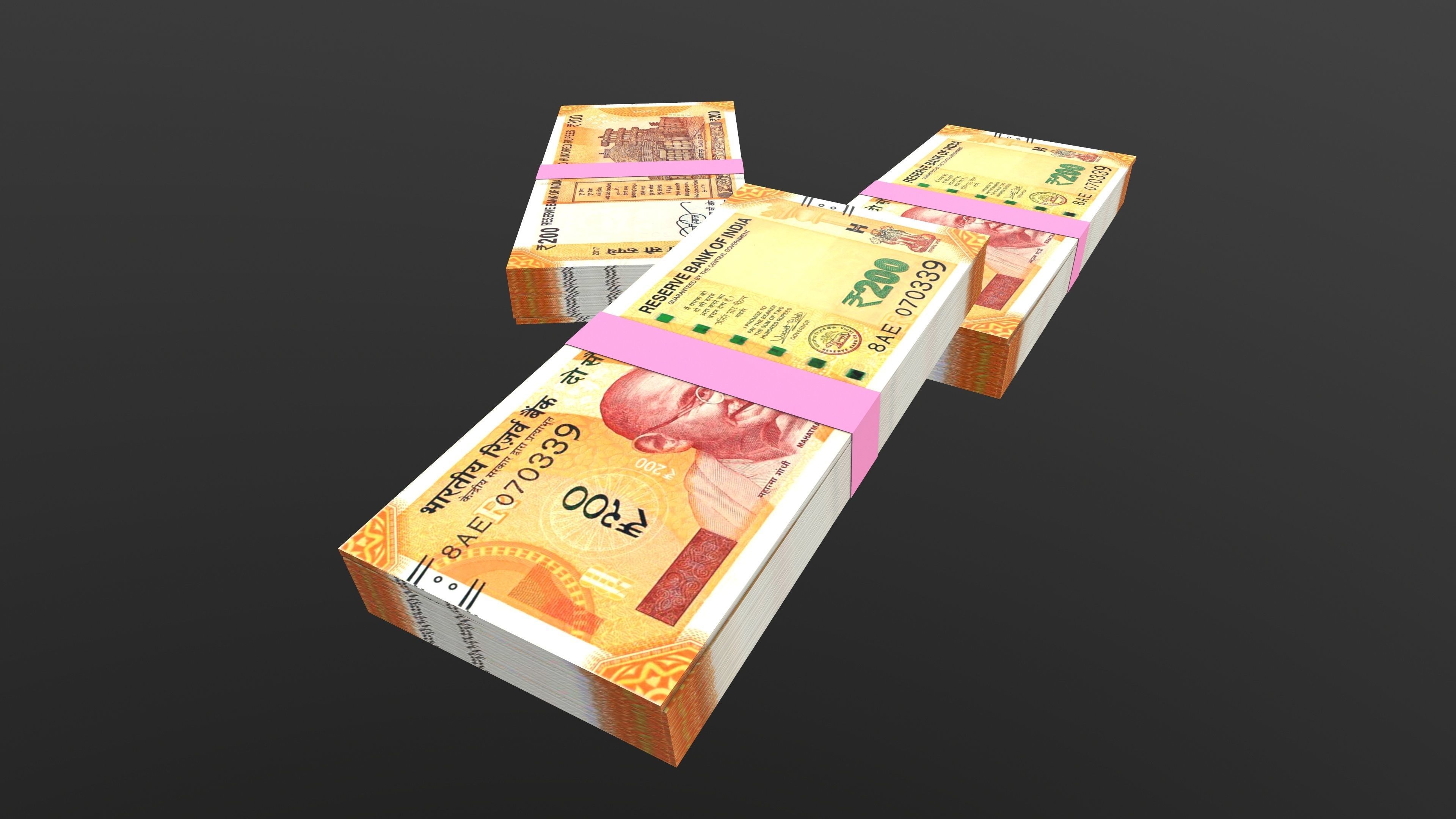 3D model Indian 200 Note Currency Bundle AR VR PBR VR / AR / low-poly ...