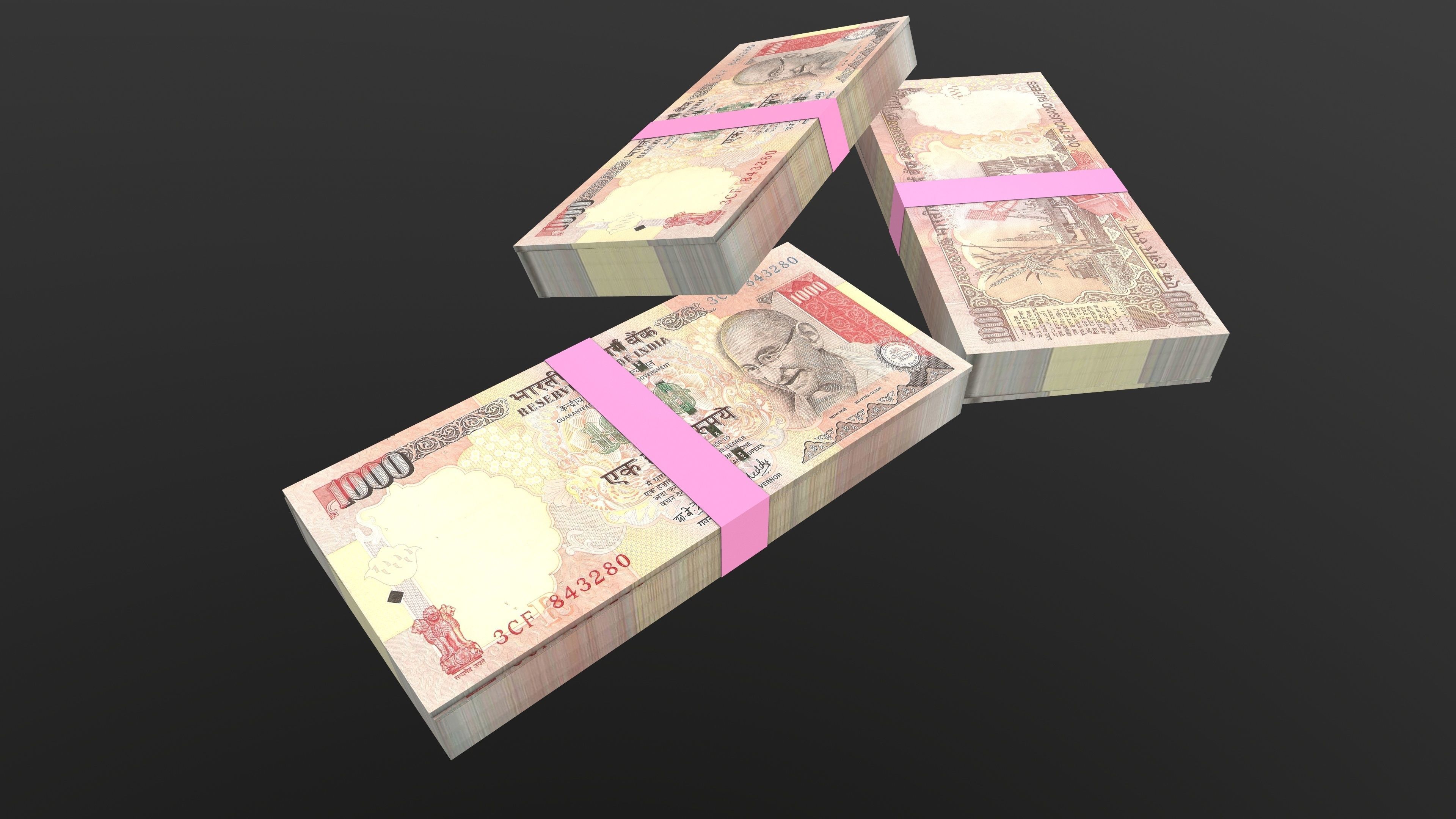 3D model Indian 1000 Note Currency Bundle AR VR PBR VR / AR / low-poly ...