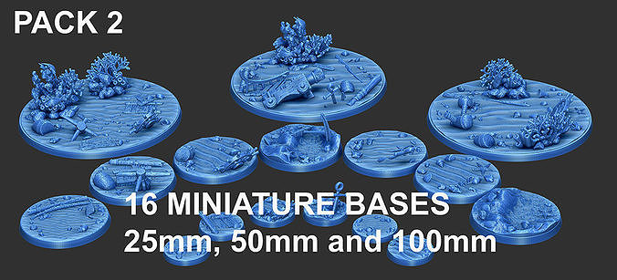 PACK 2 - 16 MINIATURE BASES 25mm 50mm and 100mm 3D Print Ready 3D model ...