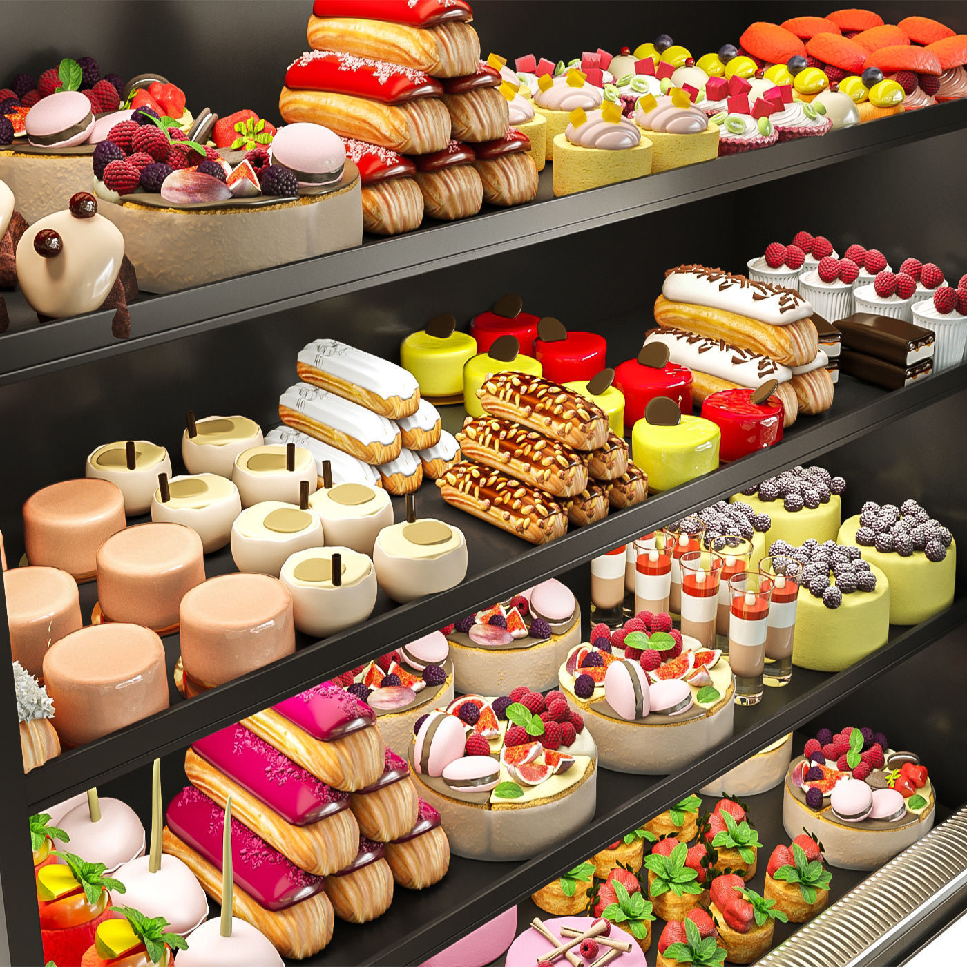 Showcase with desserts cakes and pastries 3D model | CGTrader