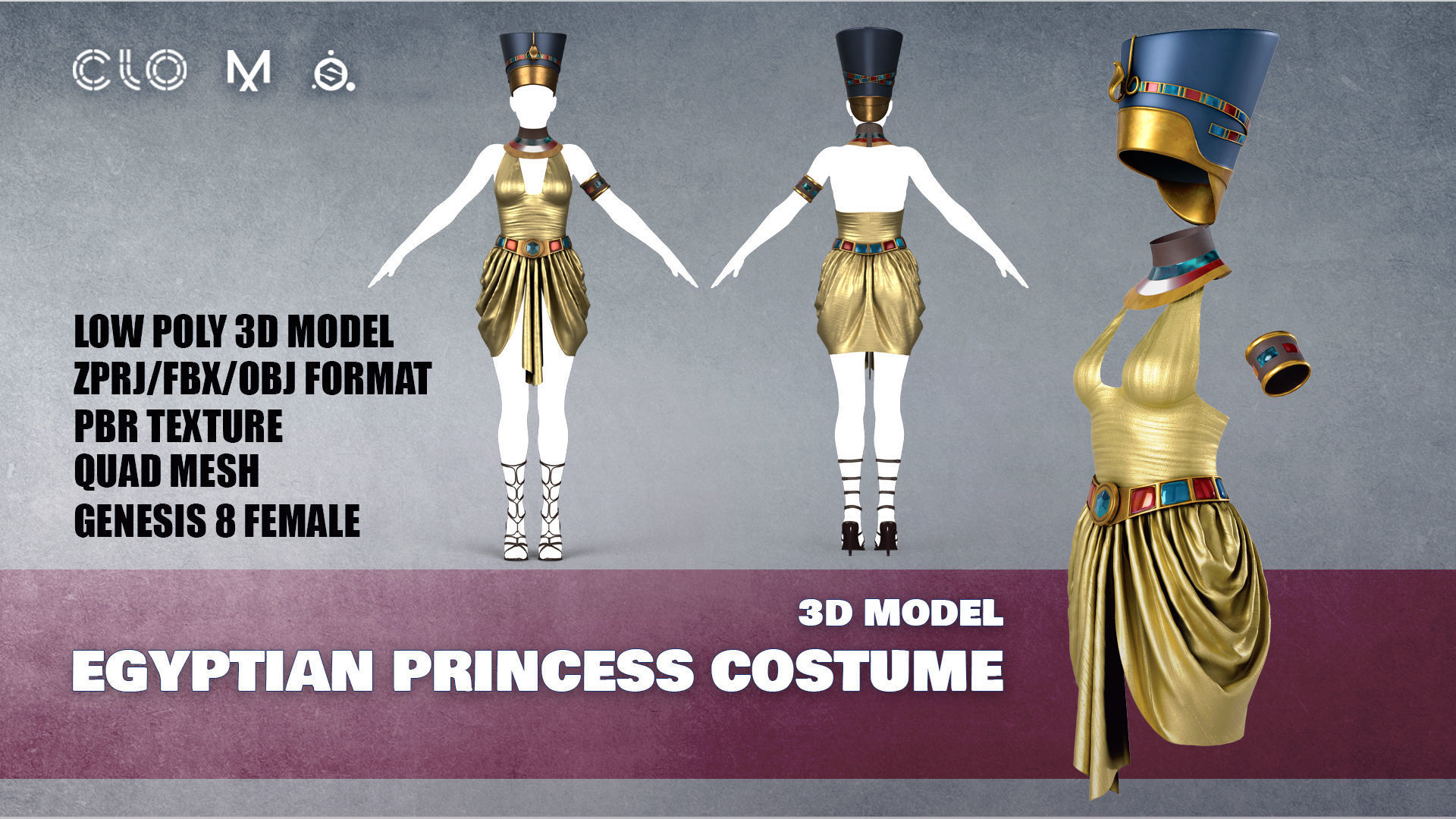 3D model Egyptian princess Costume Low-poly 3D model PBR VR / AR / low ...
