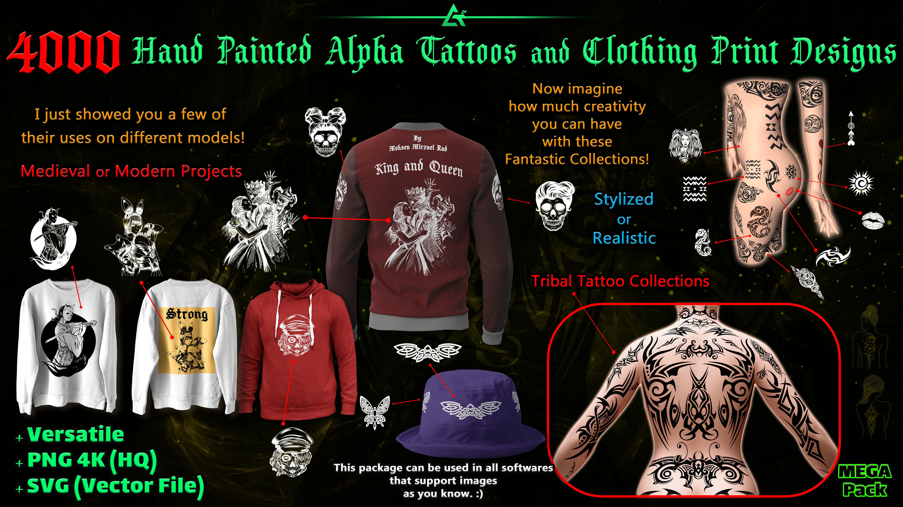 4000 Hand Painted Alpha Tattoos and Clothing Print Designs-Vol 9 ...