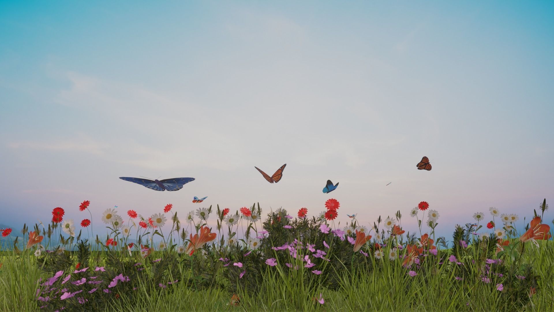 Beautiful Animated Windy Grass field flowers with Butterflies 3D model ...