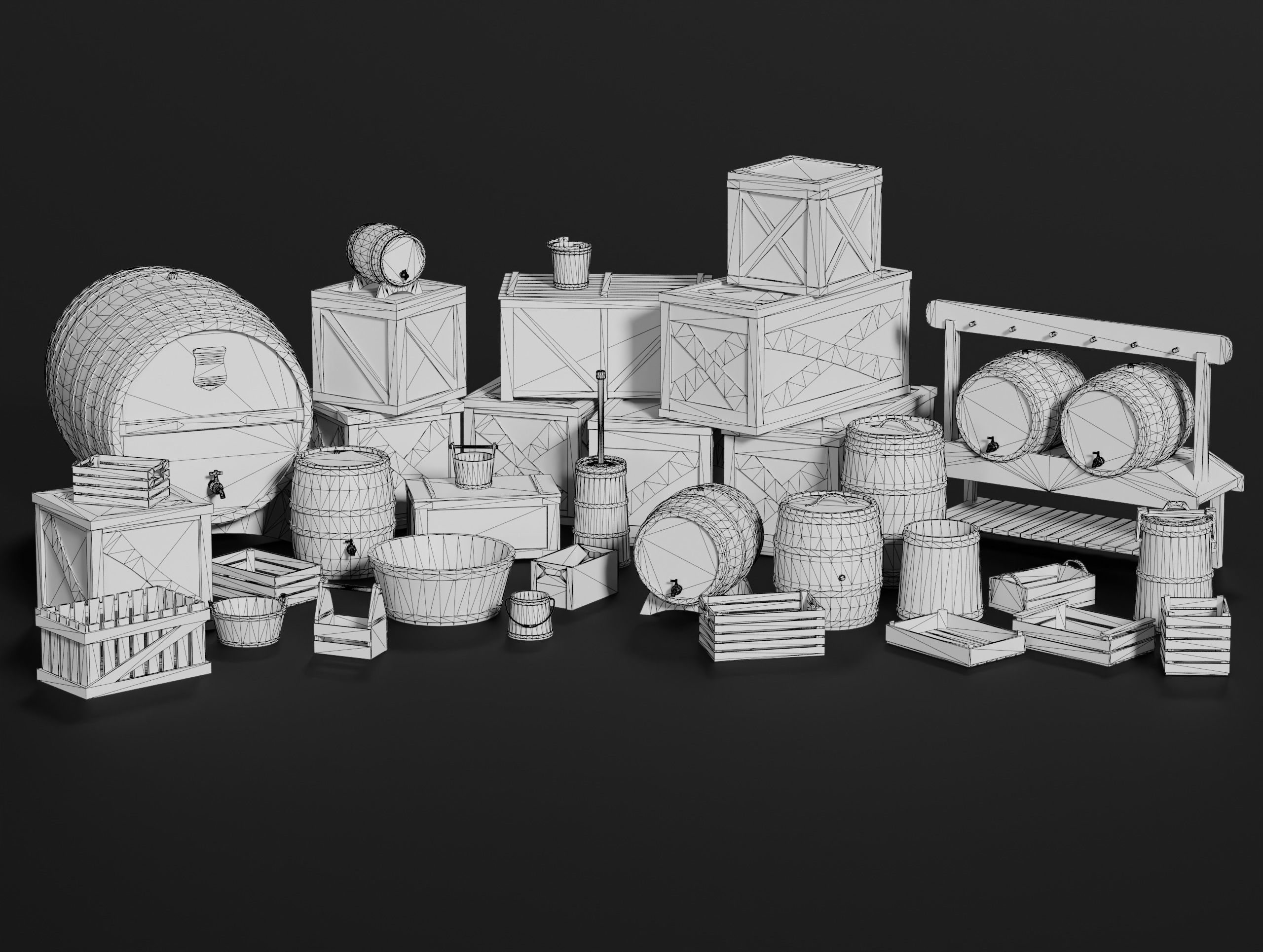 3D model LowPoly PBR 35 Wooden Crate Barrel props Pack 3D Models VR / AR / low-poly | CGTrader