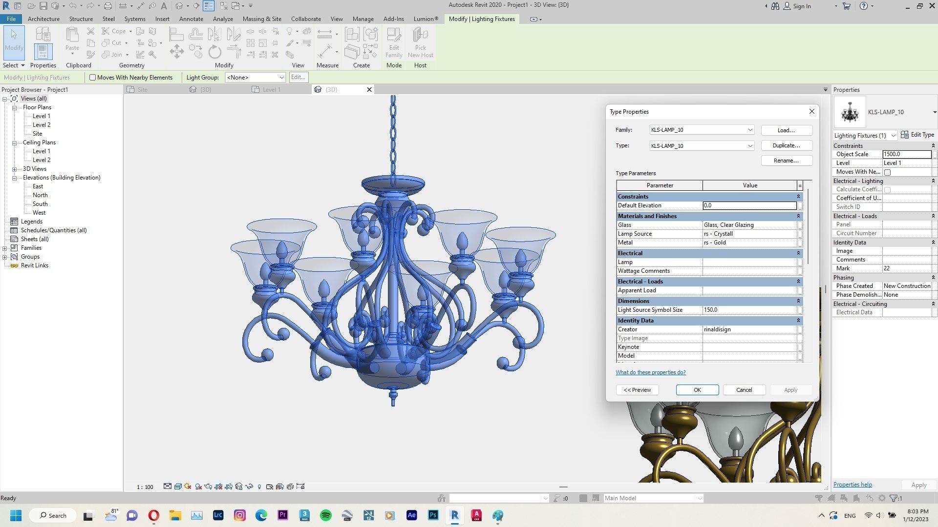 Chandelier or Classical Hanging Lamp Revit Family Interior 3D model ...