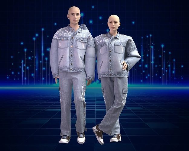 Unisex Denim Jacket with pant in graffiti Print 3D model | CGTrader