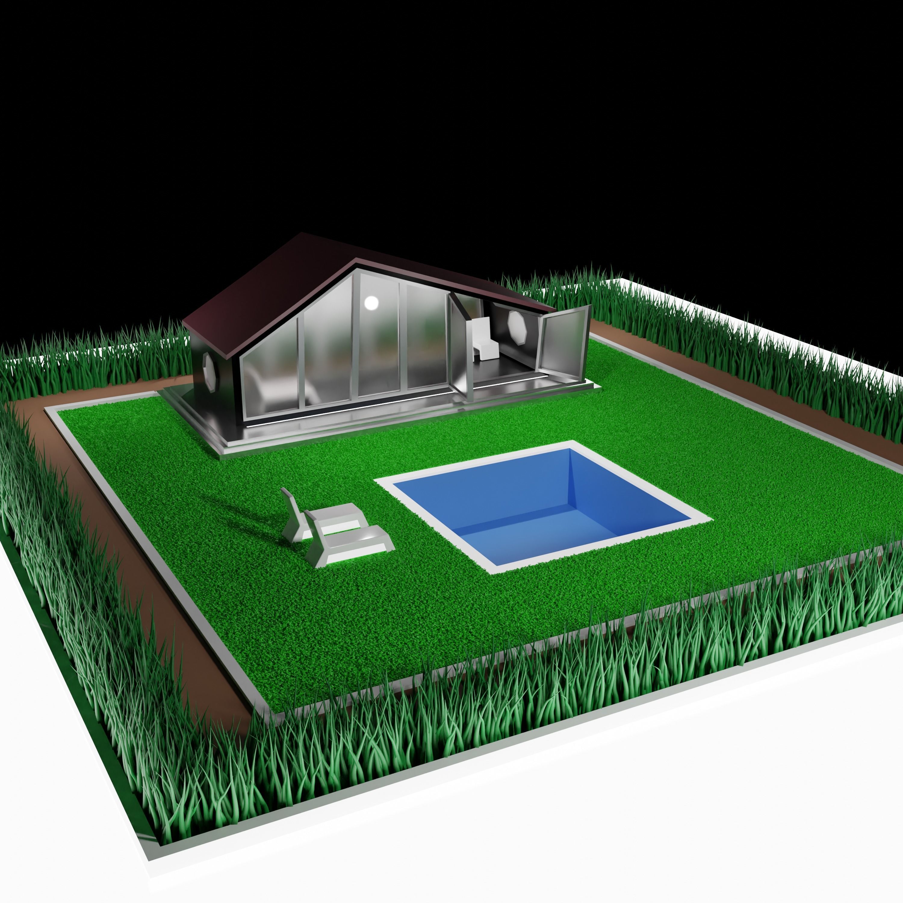 Naturistic Tiny House with Pool and Sunbeds 3D model | CGTrader