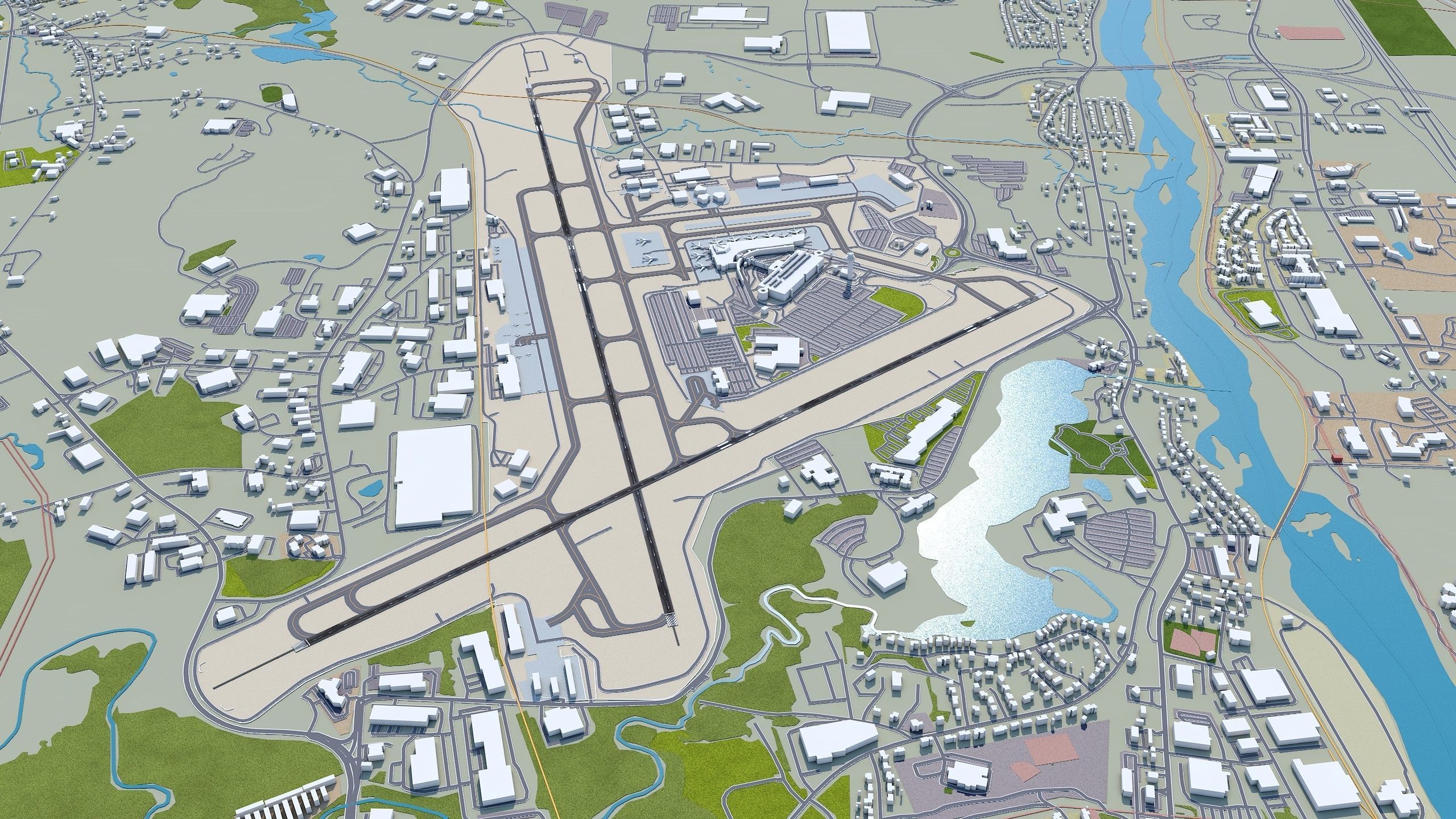 3D model Manchester Boston Regional Airport 10km VR / AR / low-poly ...