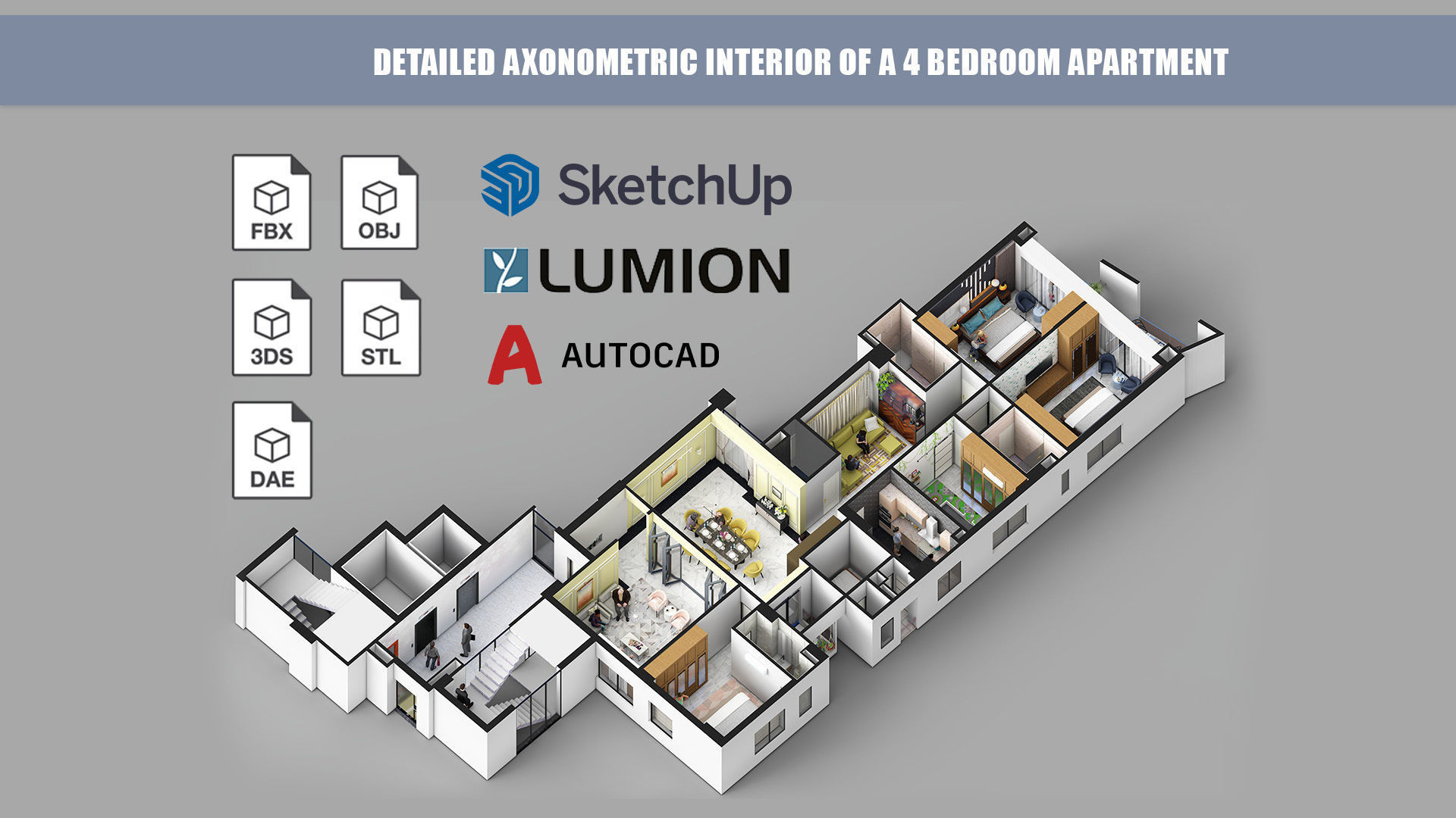 Detailed Axonometric Interior of a 4 bedroom apartment 3D model | CGTrader