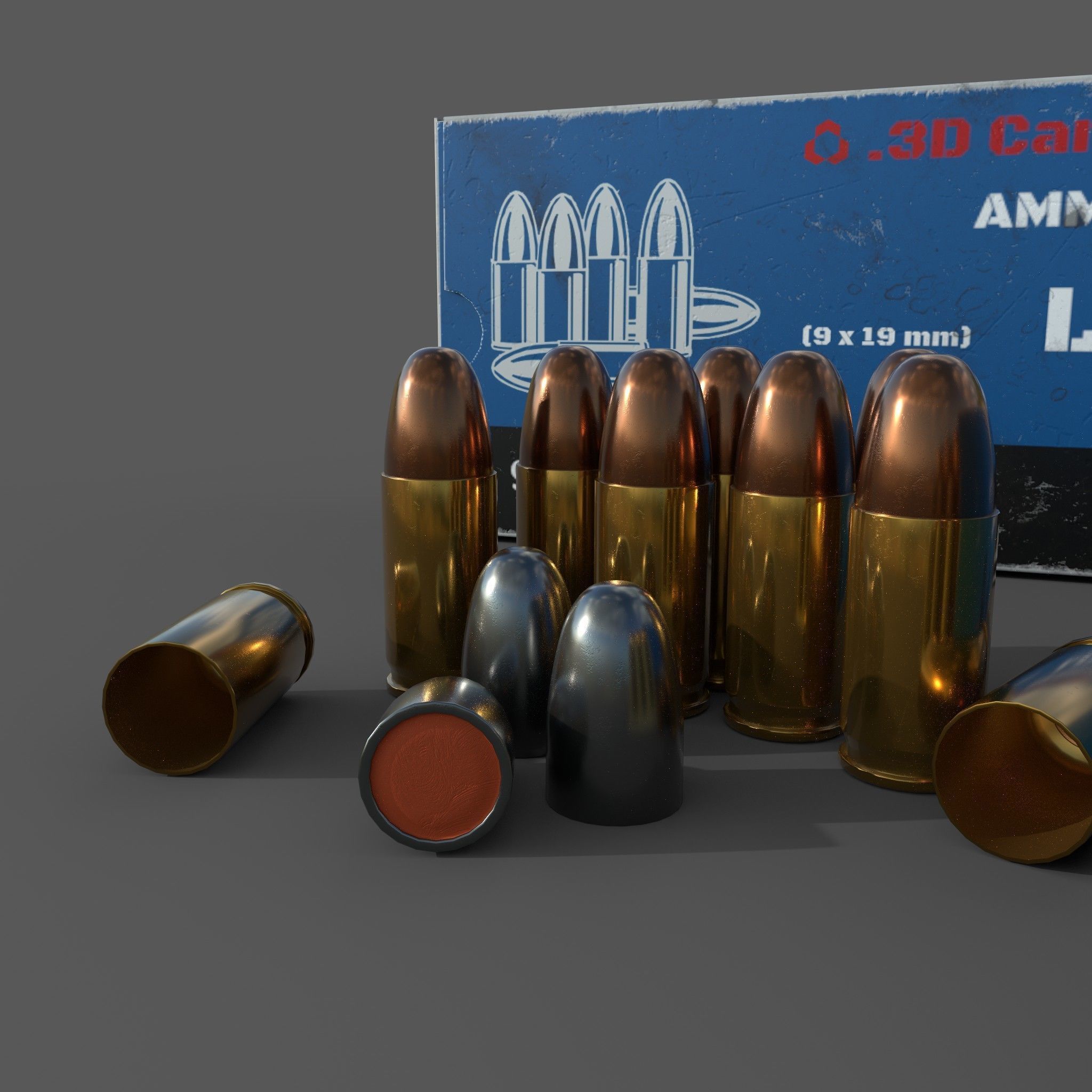 Ammo boxes and cartridges 9x19 mm 3D model | CGTrader