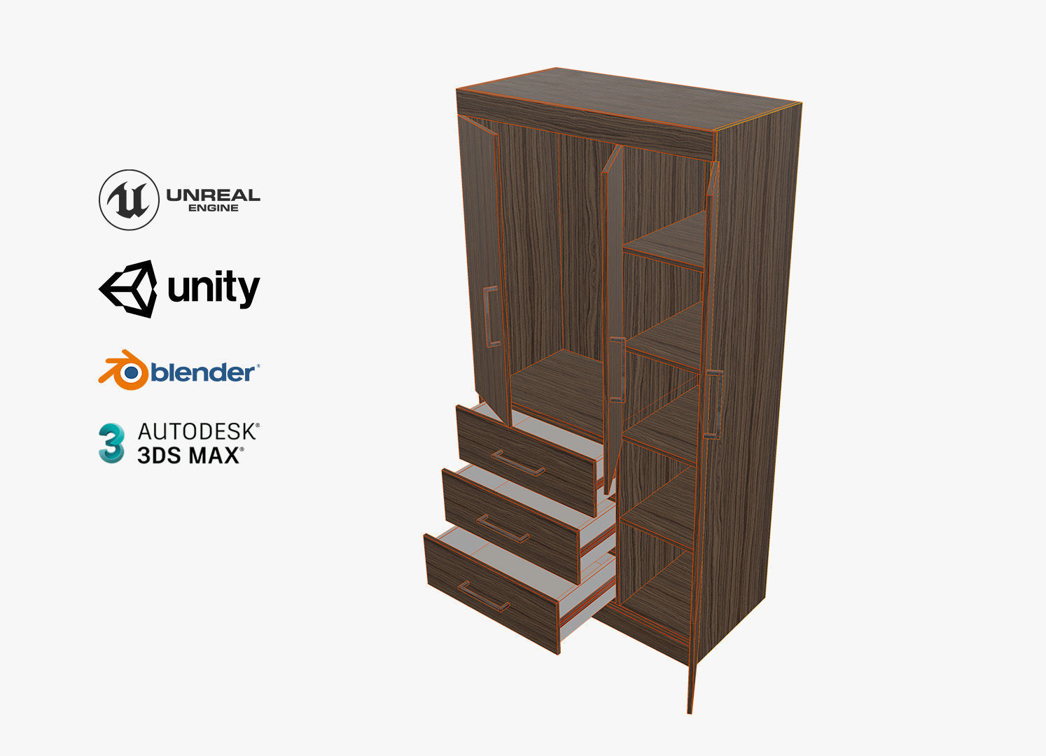 3D model Simple low polly Wardrobe 3 drawers 3 doors VR / AR / low-poly ...