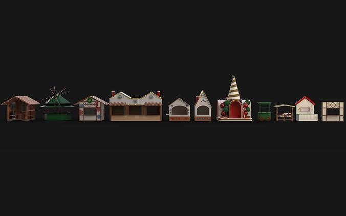 3D model 11 Piece Christmas buildings markets and stands VR / AR / low ...