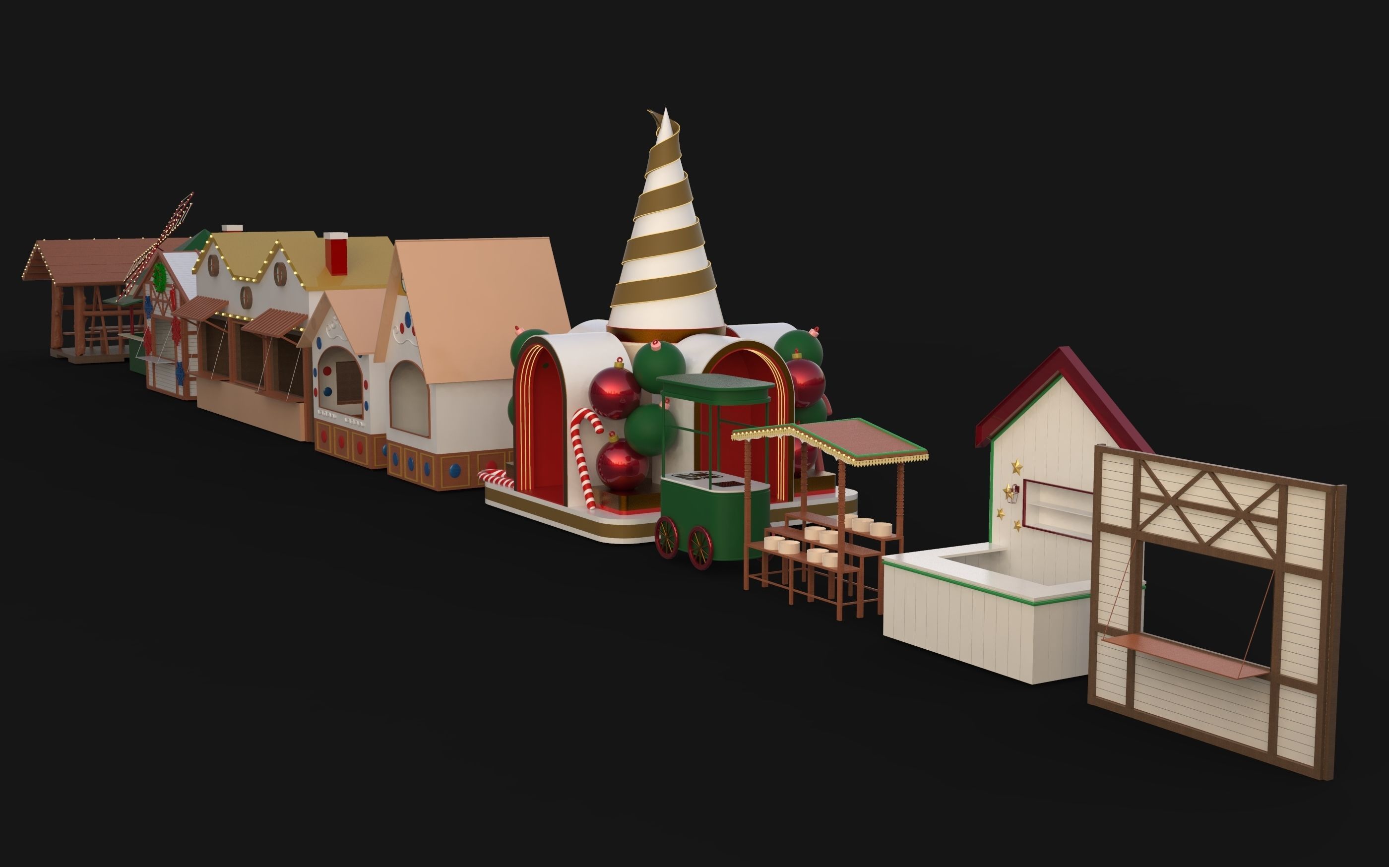 3D model 11 Piece Christmas buildings markets and stands VR / AR / low ...