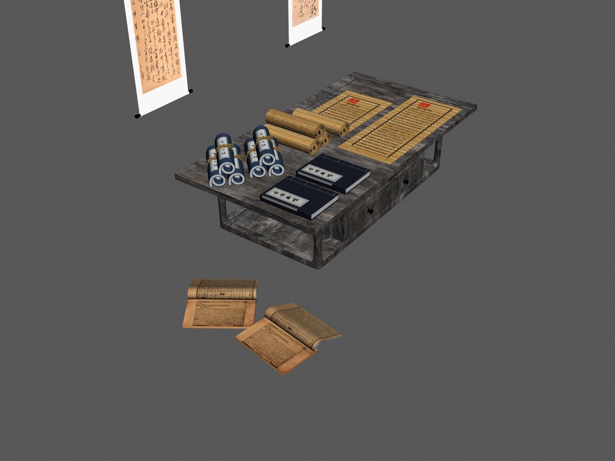 Ancient Chinese books wooden slips desk 3D model | CGTrader